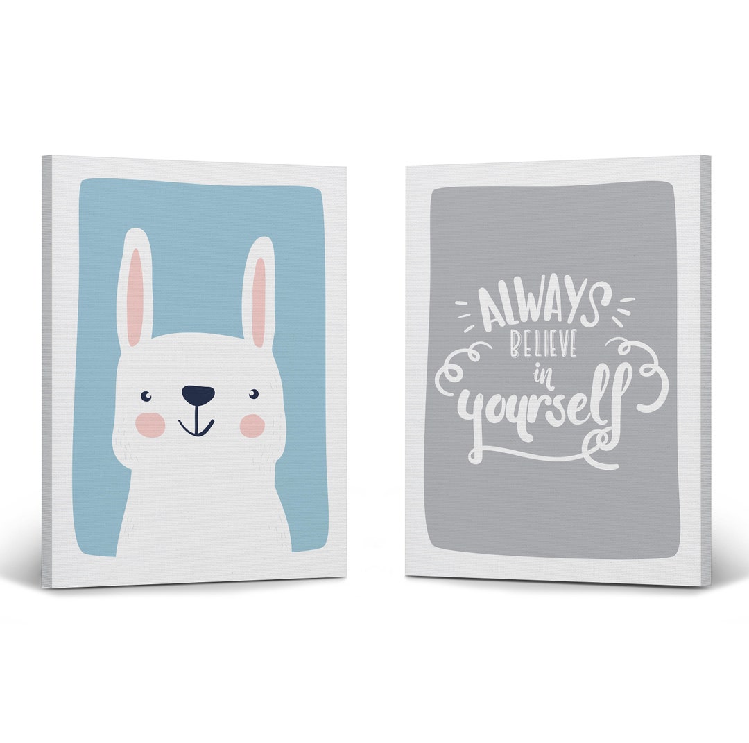 Cute Rabbit and Motivational Quote Blue and Gray 2 Panel Canvas Print ...
