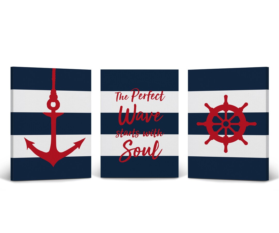 Anchor Ship Wheel Motivational Quote Navy Blue White Nautical Decor ...