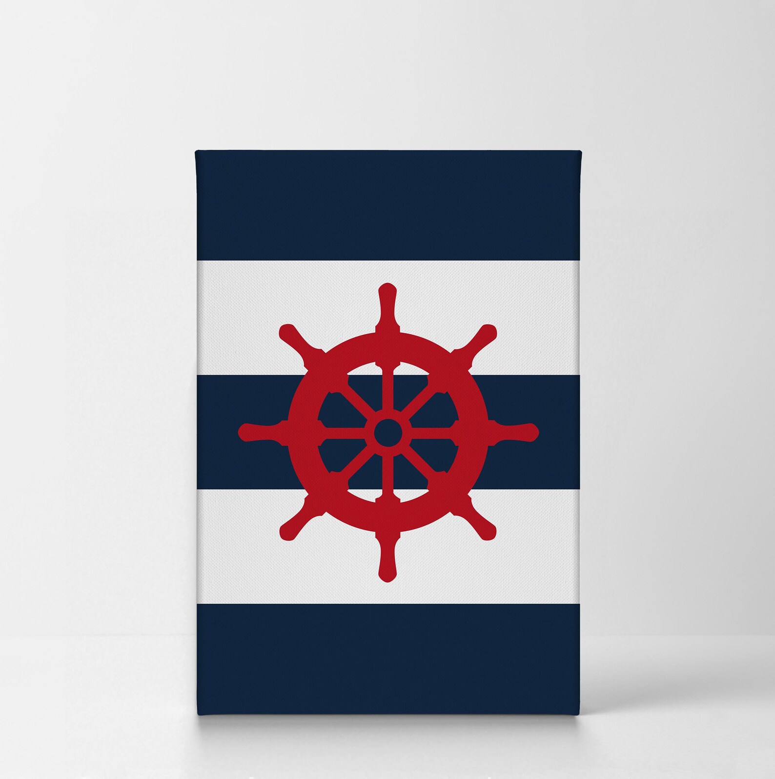 Ship Wheel Red Illustration Navy Blue and White Striped Nautical Decor ...