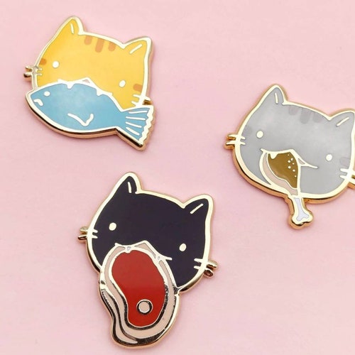 Carnivorous Kitties Enamel Pin Set Cats With Chicken Steak - Etsy