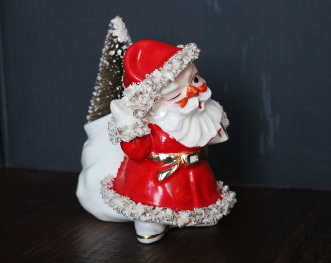 Lefton Santa Planter for Vintage Christmas Decor, W/ Bottle Brush Tree ...