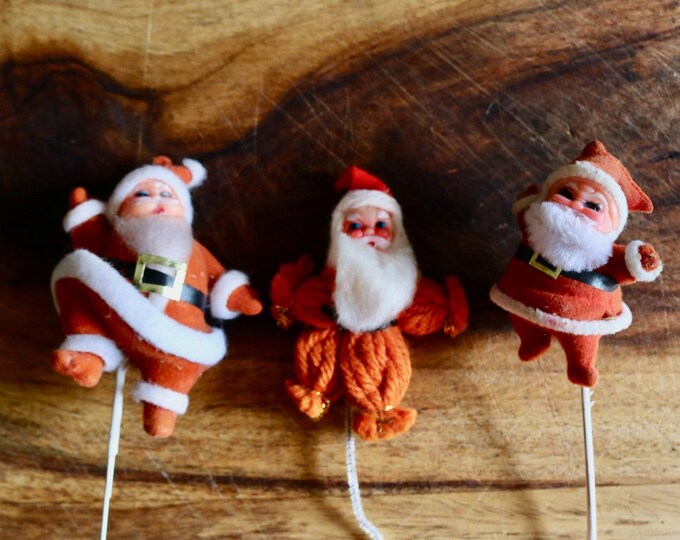 Flocked Santa Picks for Vintage Christmas Decor, 3 Package Toppers ...