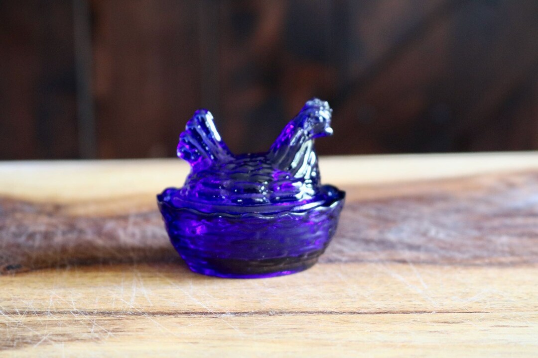Small Vintage Cobalt Blue Glass Hen on Nest Dish, Salt Cellar, Chicken ...