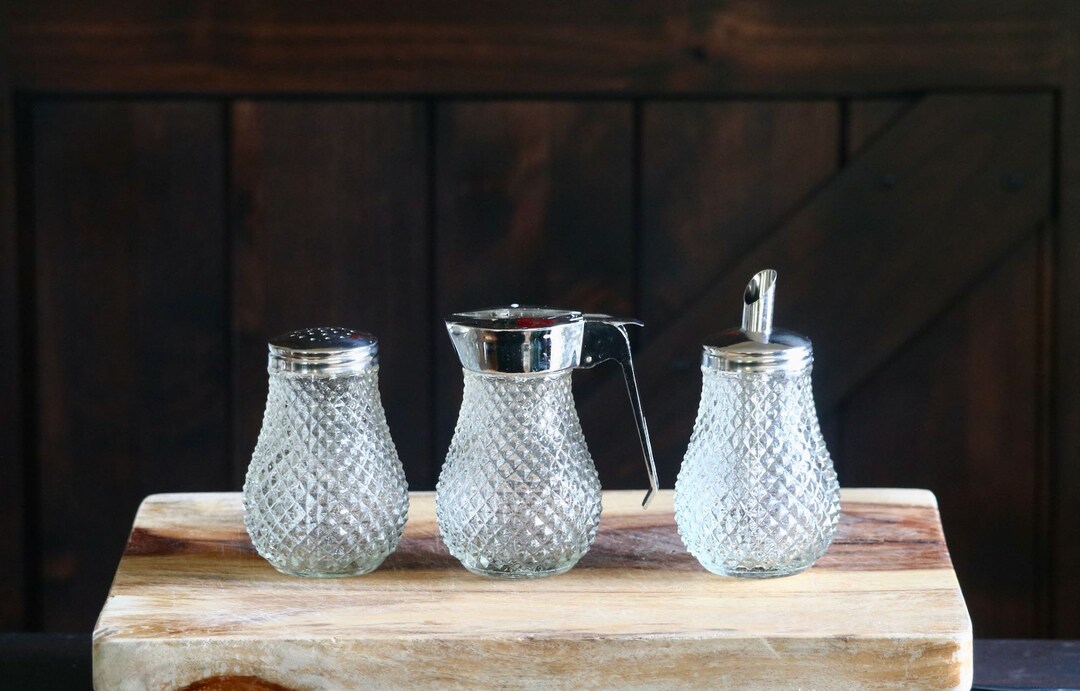 Vintage Diamond Cut Clear Glass Restaurantware, Retro Kitchen Condiment ...