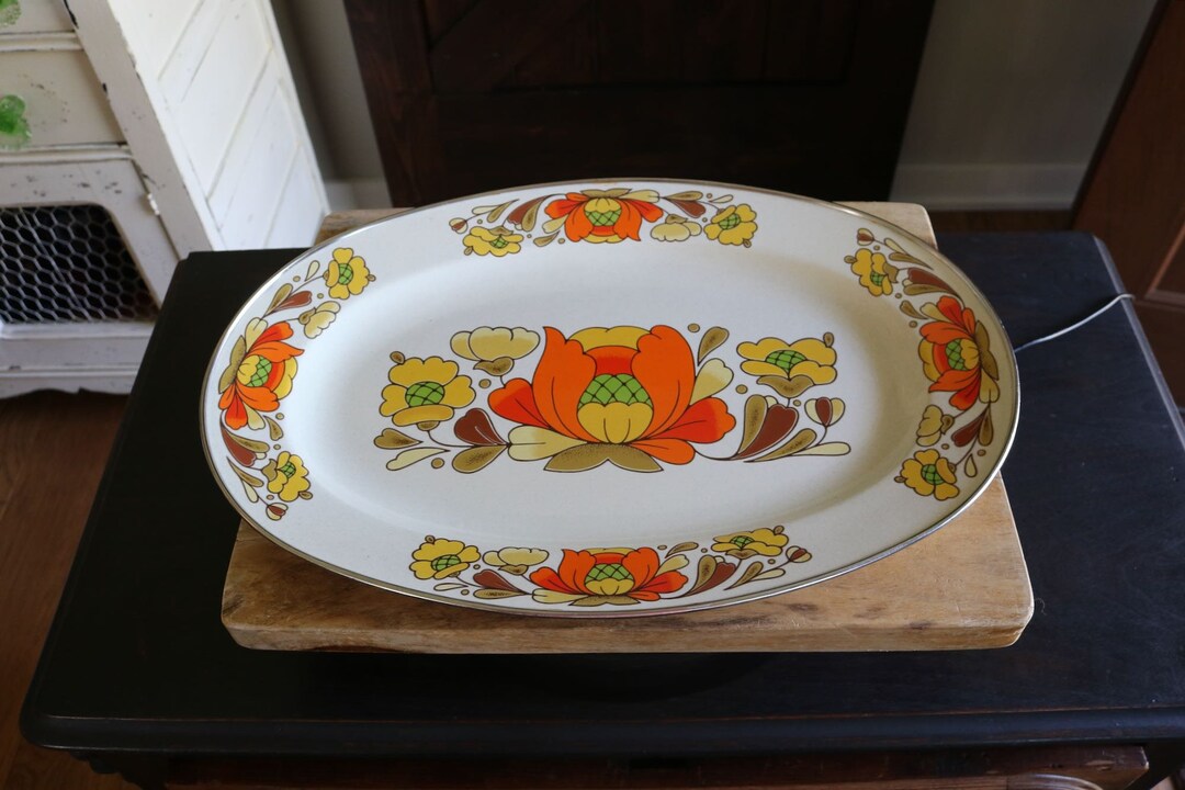Vintage Sanko Ware Enameled Steel Platter, Retro 1970 Oven to Table Cookware Tray, Fall Country ...