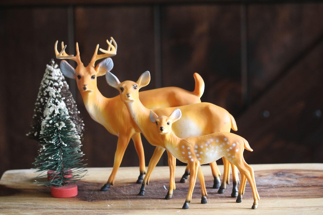 Deer Figurines, Vintage Christmas Decor, Flocked Plastic Stag Doe and ...