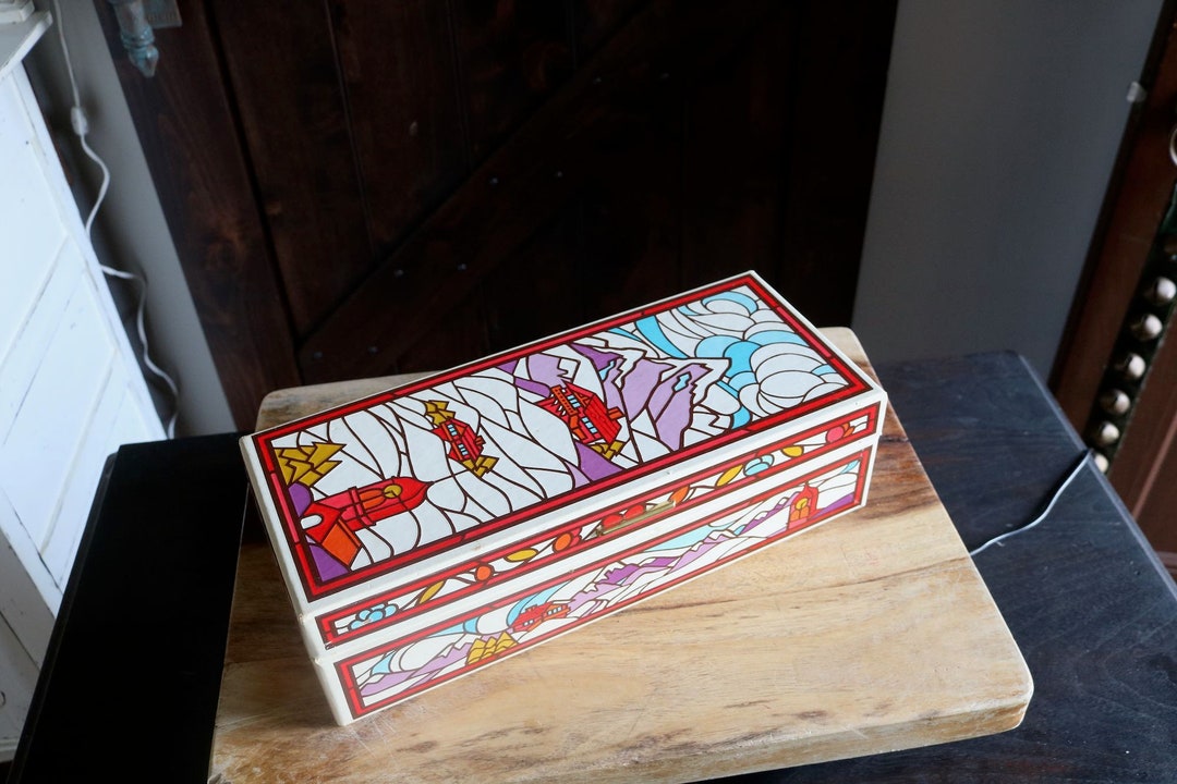 Vintage Vinyl Box With Stained Glass Design, Hinged Artist Storage ...