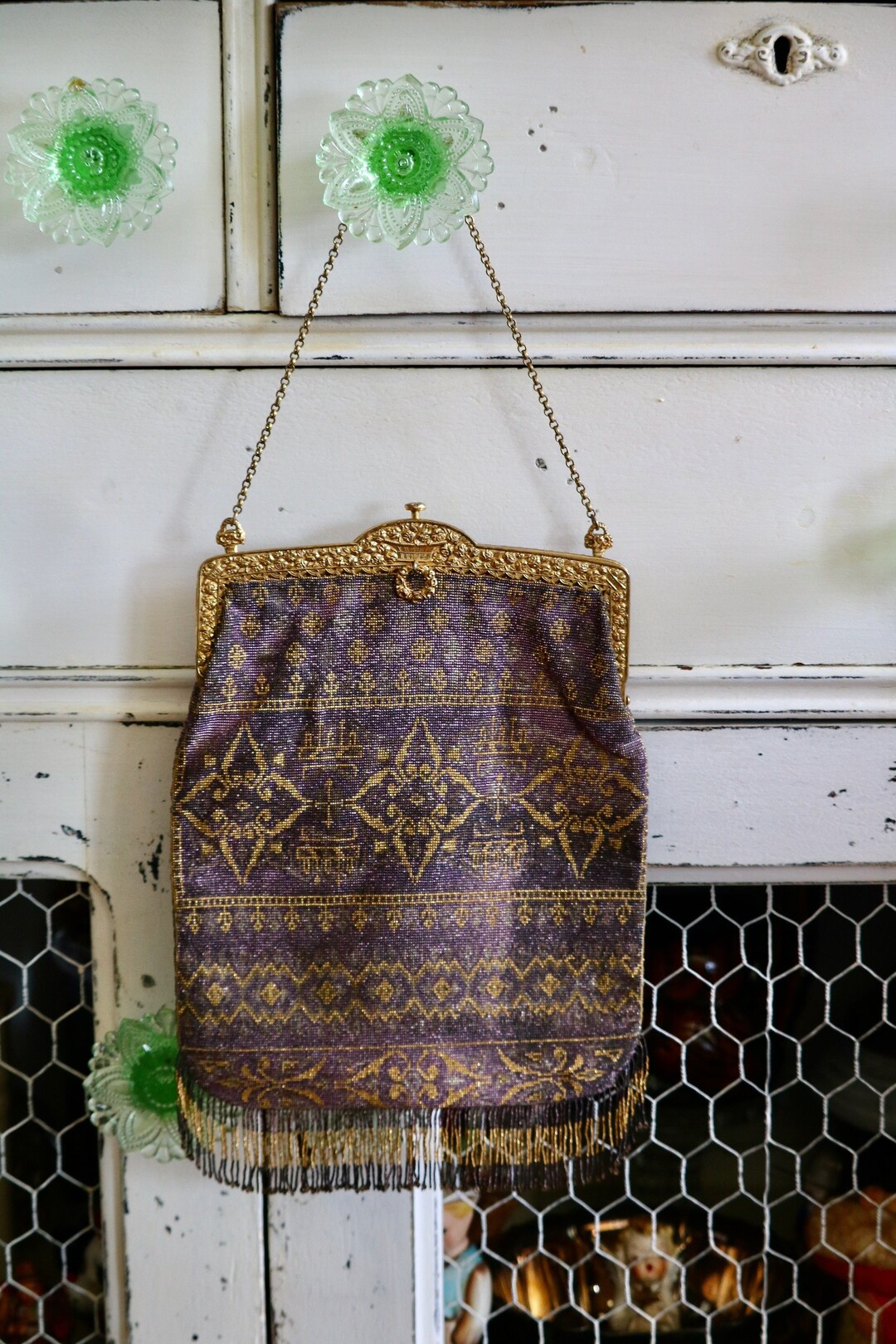 Antique Art Deco Purple Beaded Purse, Brass Hardware and Trim, Bougie ...