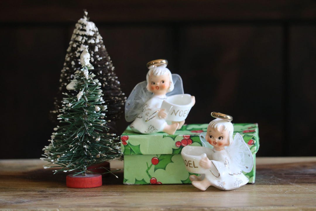 Kitschy Lefton NOEL Angel Candle Huggers, Vintage Christmas Decor, Cute ...