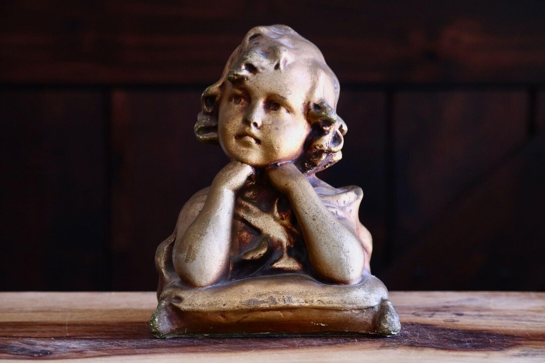 Vintage Chalkware Girl Bust, Rustic Elegant Bookshelf Decor, Gold Bust ...
