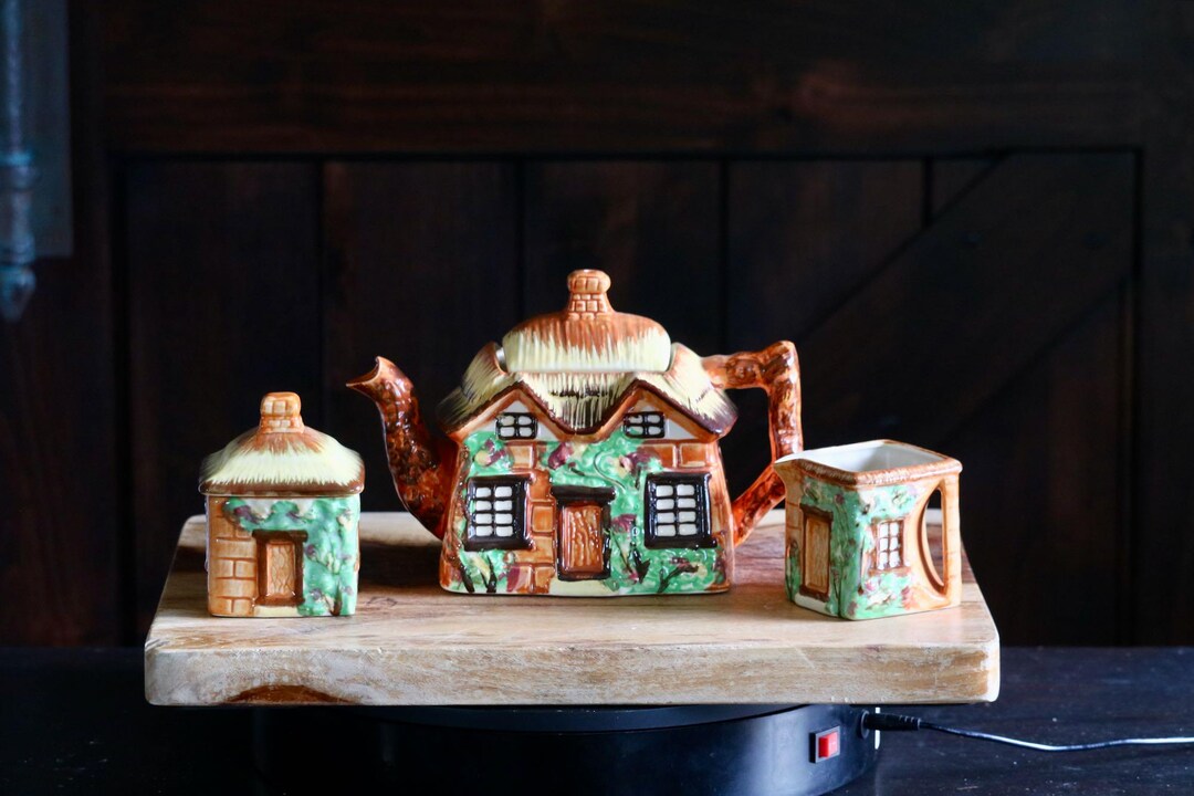 Vintage Cottage Tea Set, Retro Kitchenalia, Cute Thatched Roof House ...