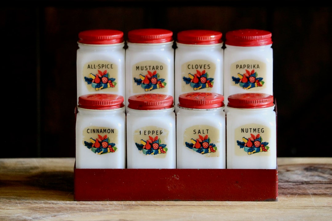 Vintage Milk Glass Spice Jars With Metal Rack, Retro Kitchenalia, Salt ...