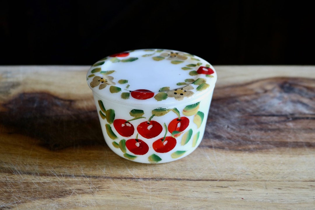 Vintage Mckee Milk Glass Cherry Box, Retro Kitchenalia, Hand Painted ...