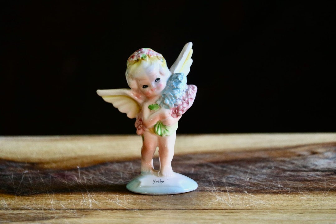 Vintage Lugene's July Boy Angel Figurine, Child Cherub Holding Flower ...