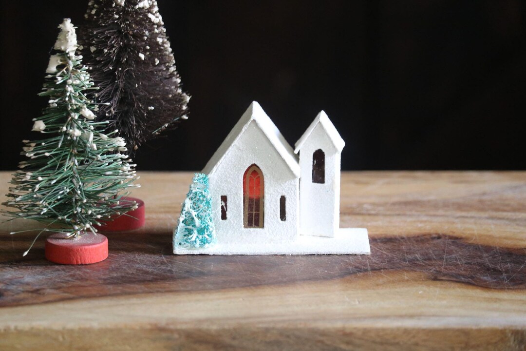 Putz Church With Tree, Vintage Christmas Tree Ornament, Church With ...