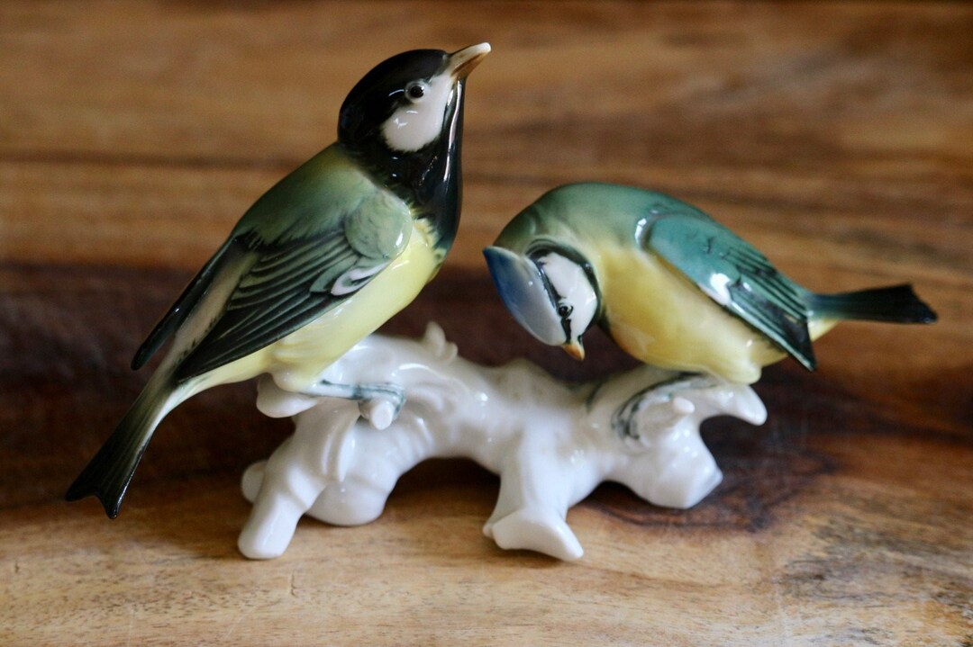 Vintage Bird Figurine, Cute Spring Decor, Great Tit and Blue Tit on Branch, Karl ENS German ...