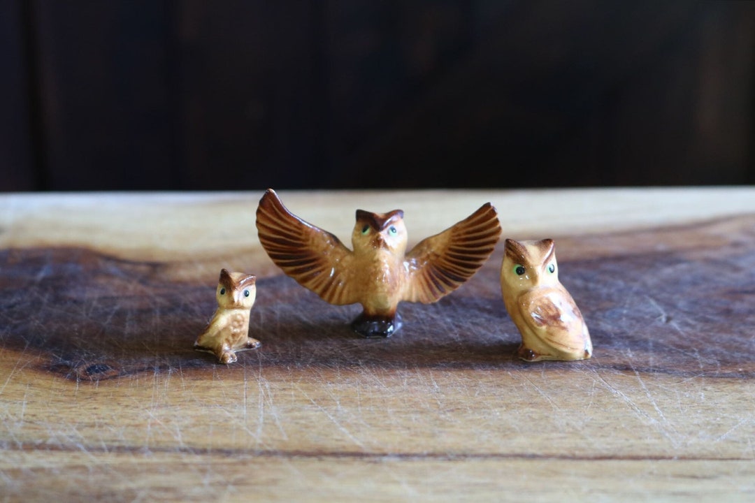 Miniature Vintage Owl Figurines, 3 Cute Bone China Owls, Mini Dad Mom ...
