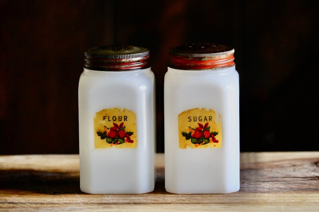 Vintage Milk Glass Shaker Jars, Retro Kitchenalia, Flour Shaker & Sugar ...
