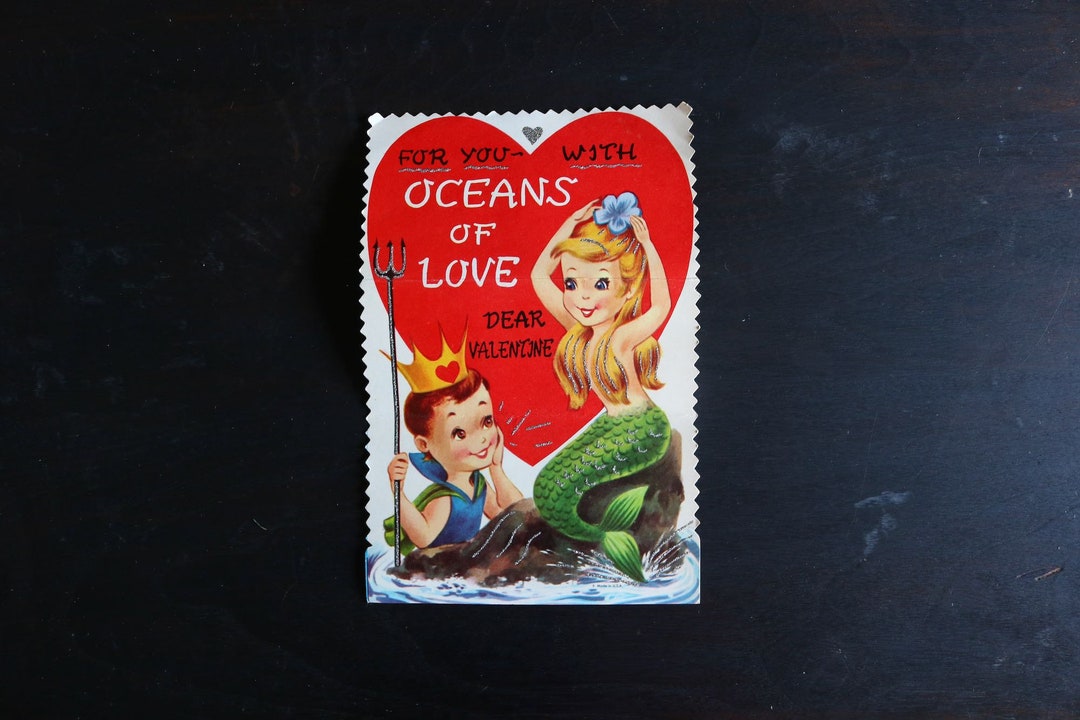 Vintage Mermaid Valentine Card, Mermaid Sitting on Rock, Merman Wearing ...