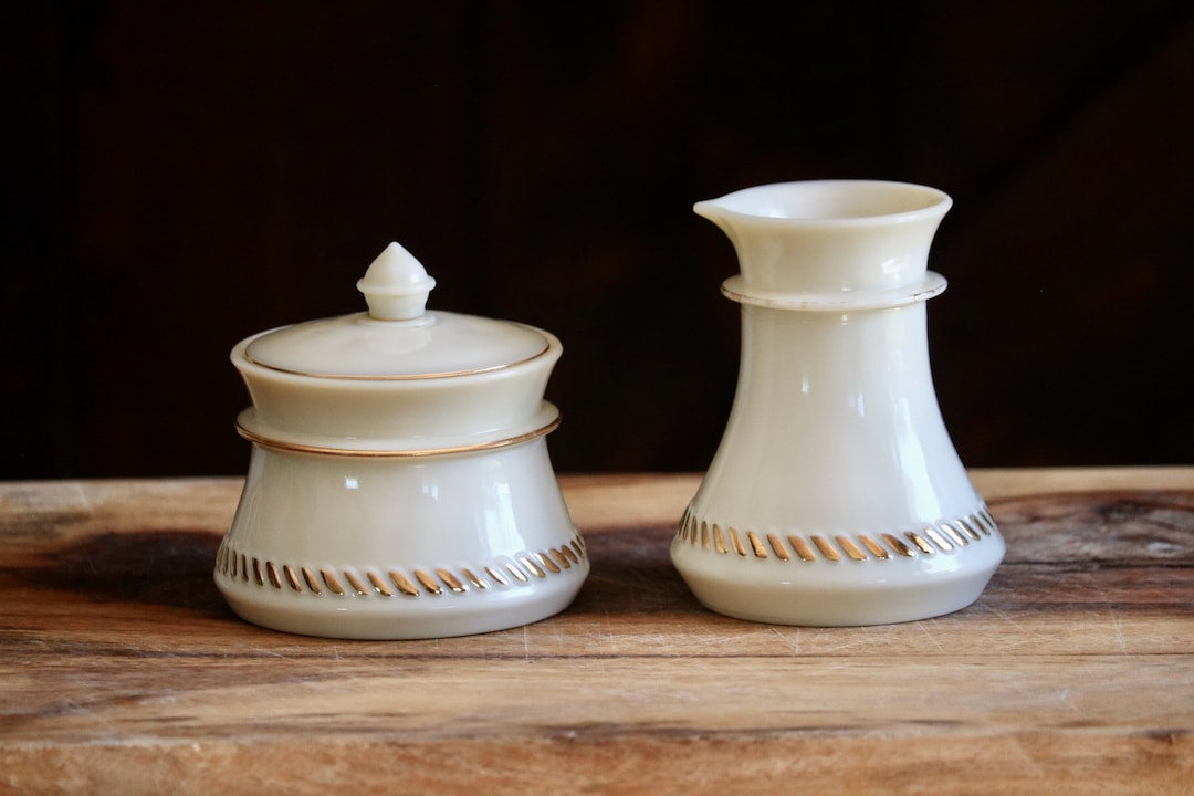 Vintage Opaque Milk Glass Creamer & Sugar Bowl, Retro Kitchenalia, Gold ...