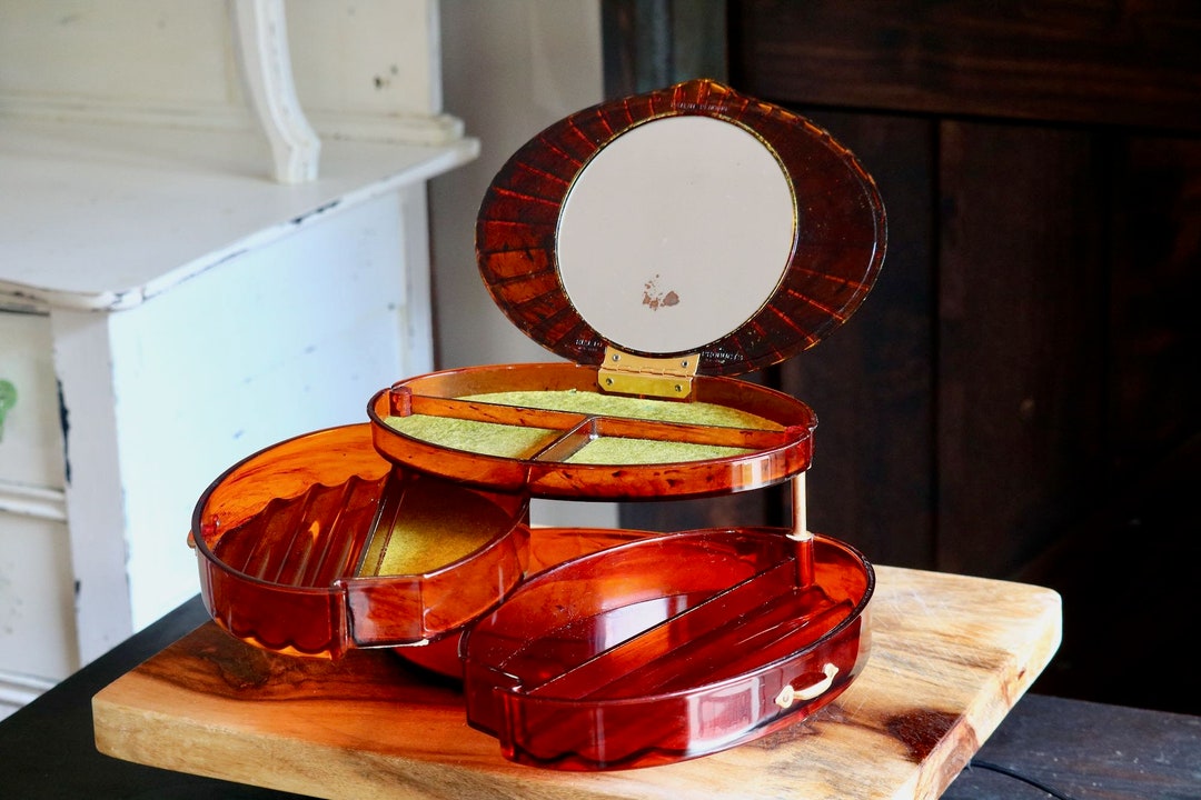 Vintage Rialto Lucite Tortoise Shell Jewelry Box, Retro Bougie Vanity ...