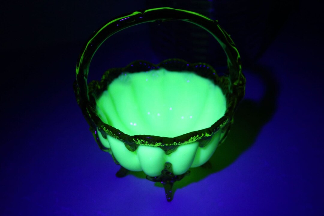 Antique Uranium Glass Basket With Applied Amber Handle and Feet ...