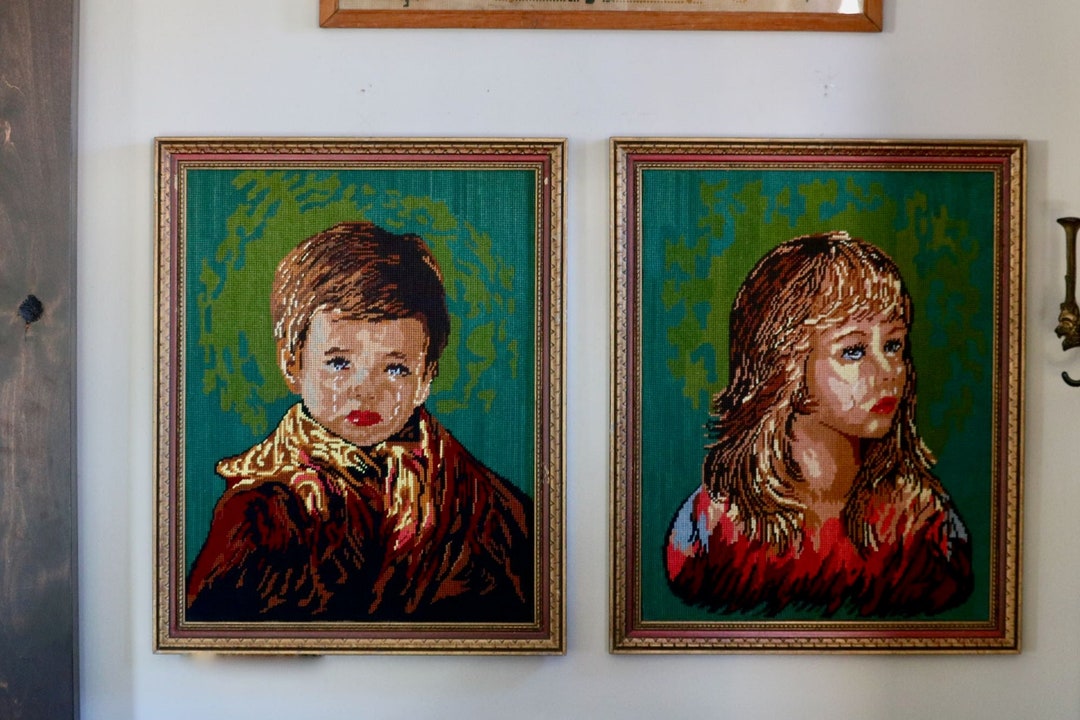 Vintage Needlepoint Gypsy Children Wall Art, Crying Boy, Sad Girl, Folk ...