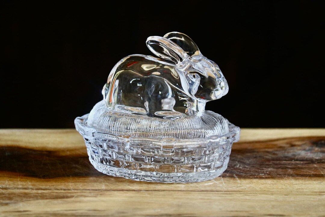 Vintage Bunny on Nest Candy Dish, Retro Clear Glass Rabbit Glass Basket ...