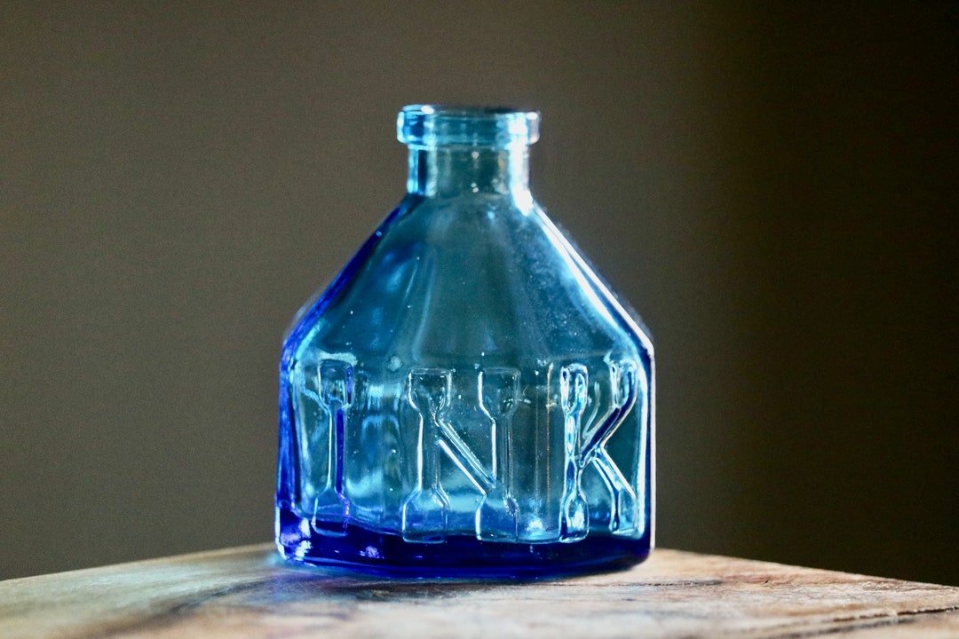 Vintage Wheaton Blue Glass Ink Bottle, Retro Desk Decor, Octagon Shaped ...
