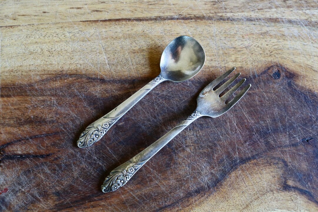 Vintage Child Sized Silver Metal Fork and Spoon, First Utensil Set for ...