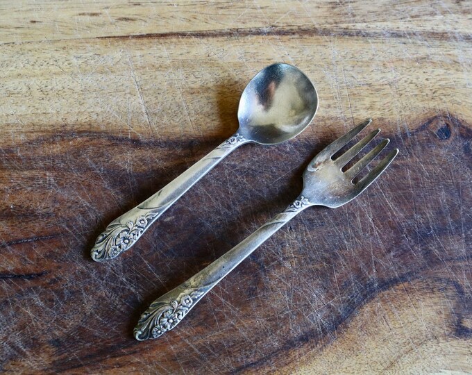 Vintage Child Sized Silver Metal Fork and Spoon, First Utensil Set for ...