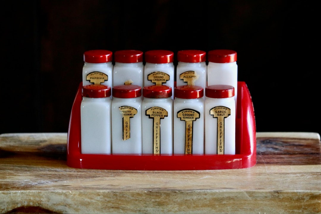Vintage Griffith Laboratories Spice Jars, Retro Kitchenalia, 10 Milk ...