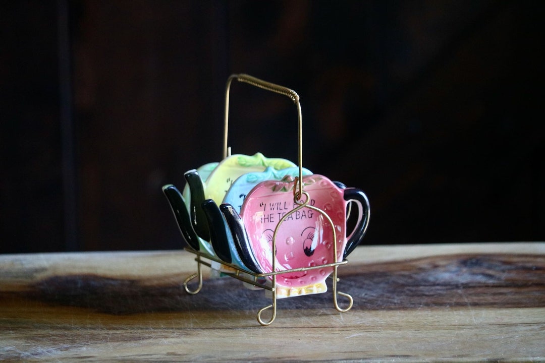 Vintage Tea Bag Holders With Metal Caddy, Retro Kitchenalia, Teapot ...