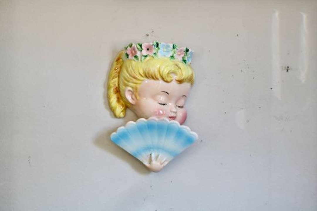 Vintage Lefton Fan Girl Wall Pocket, Kitschy Cute Spring Wall Hanging ...