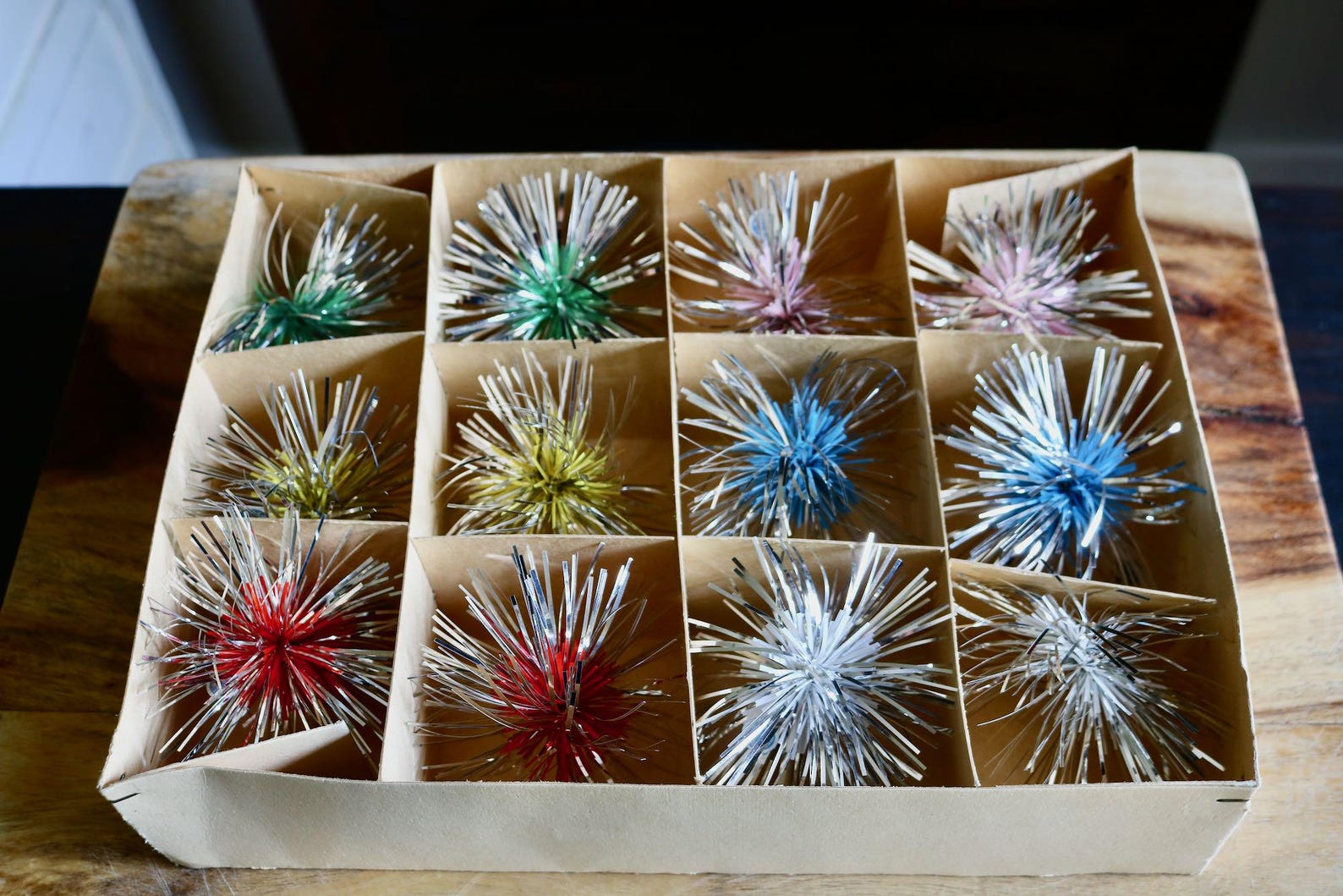 Silver Tinsel Atomic Starburst Ornaments With Multi-color Centers ...