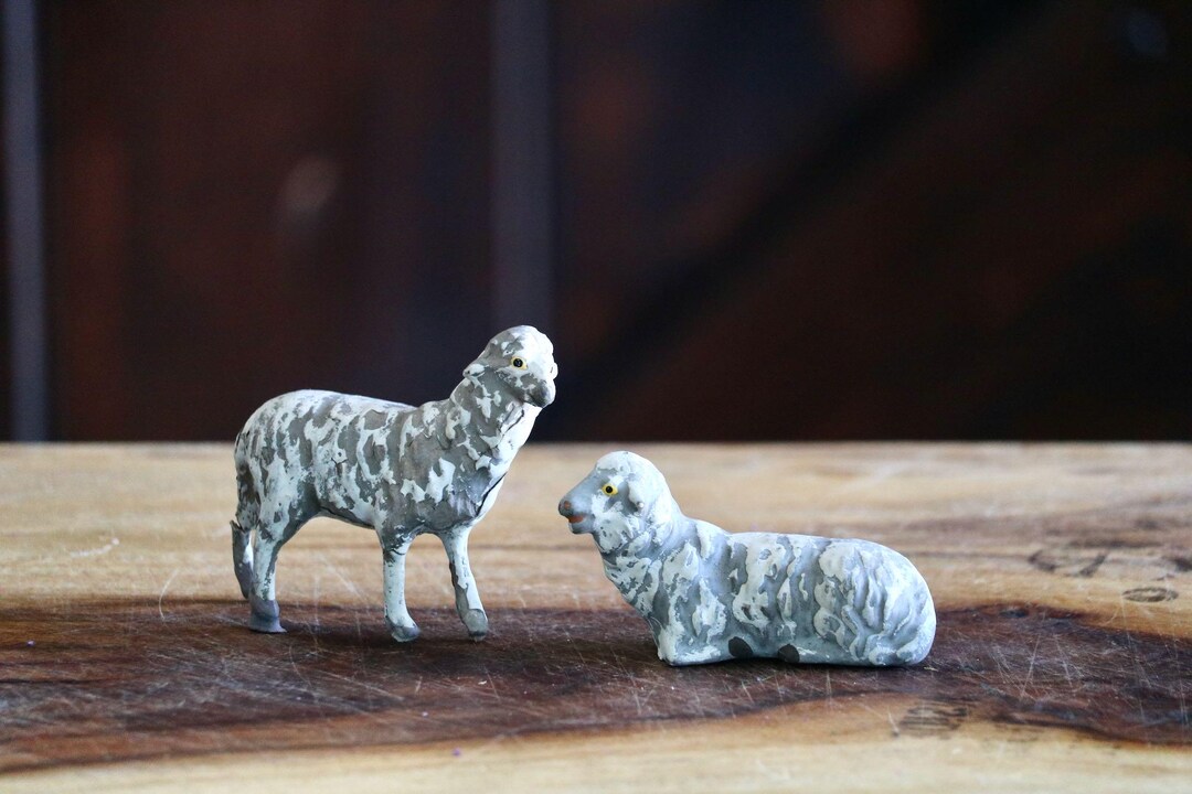 Composite Sheep Figurines, Vintage Christmas Decor, Two Cute Gray and ...