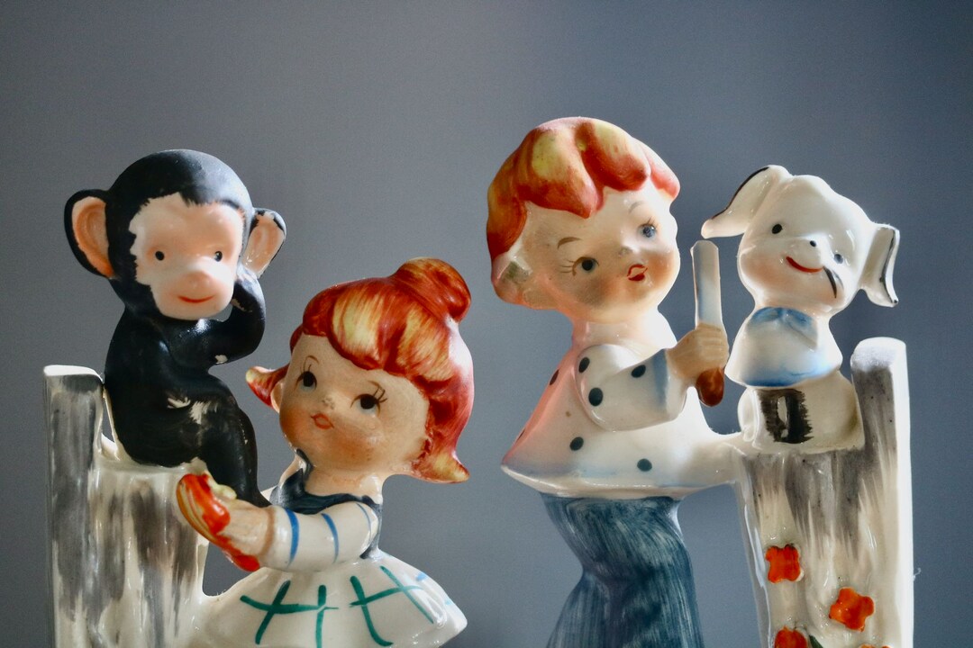 Kitschy Vintage Bookends, Bookshelf Decor, Boy Gives Dog a Hair Cut ...