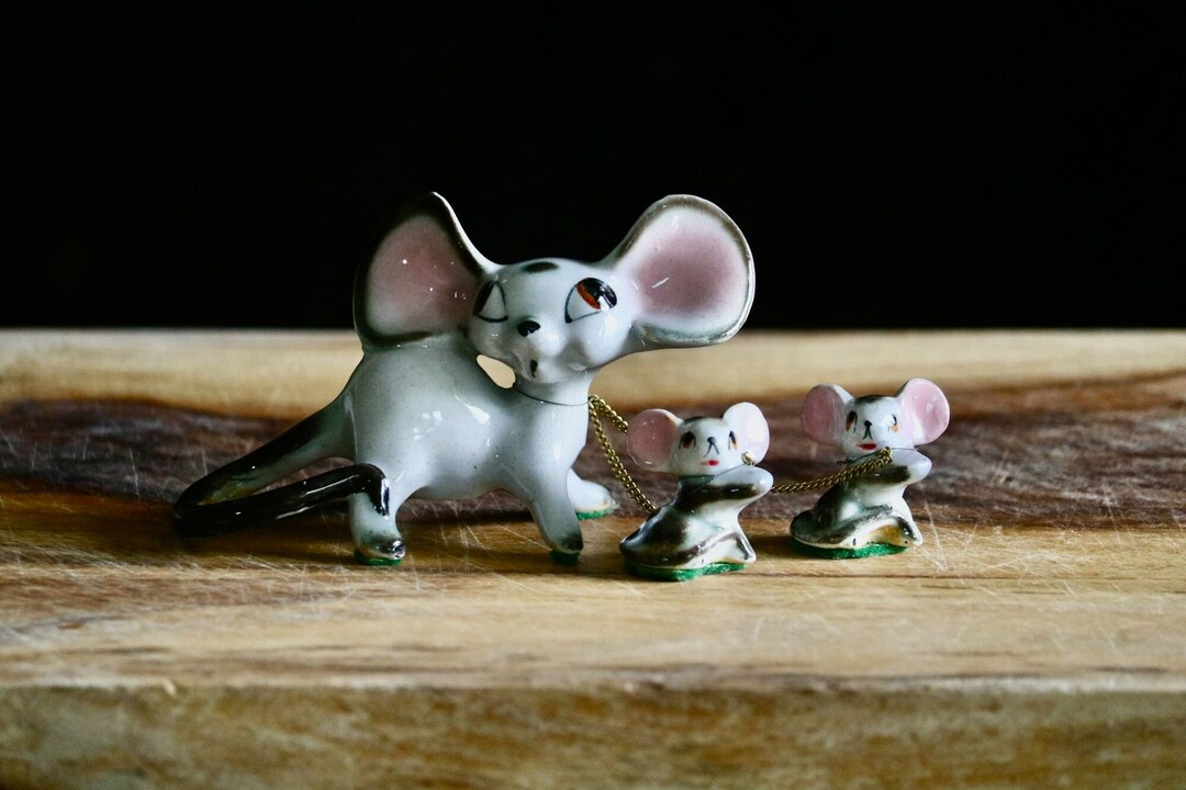 Vintage Chained Mouse Figurines, Cute Spring Decor, Mom Mouse With Two ...