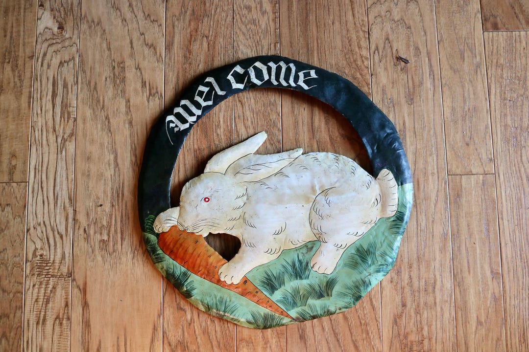 Vintage Metal Bunny Welcome Sign, Cute Spring Entryway Decor, White ...