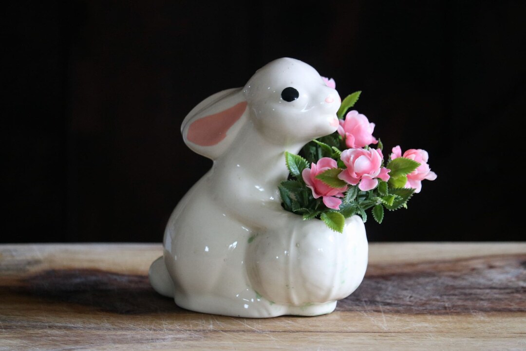 Vintage Bunny Planter, Cute Spring Decor, Ceramic White Rabbit and ...