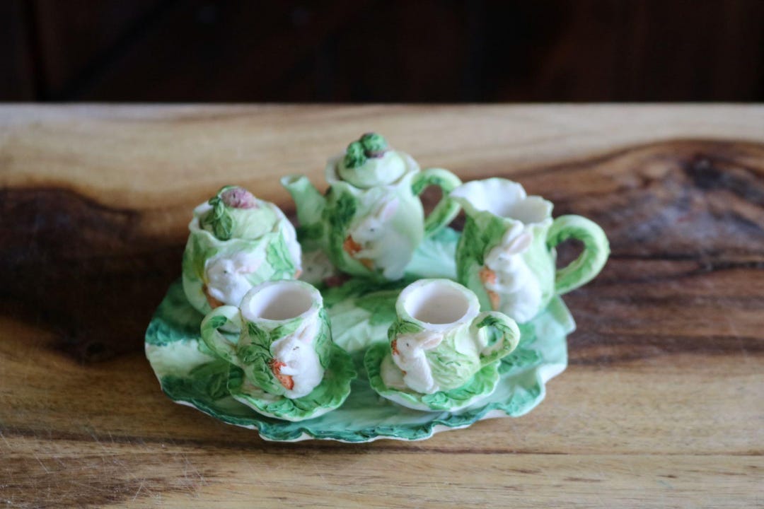 Vintage Resin Doll Sized Bunny Tea Set, Mini Teapot, Creamer & Sugar, 2 ...