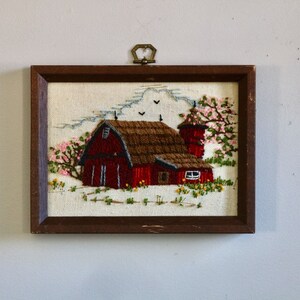 Vintage Framed Embroidered Barn Picture, Rustic Country Decor, Old Red ...