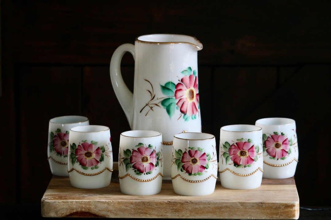 Antique Lemonade Set, Bougie Victoriana, Milk Glass Floral Pitcher and ...