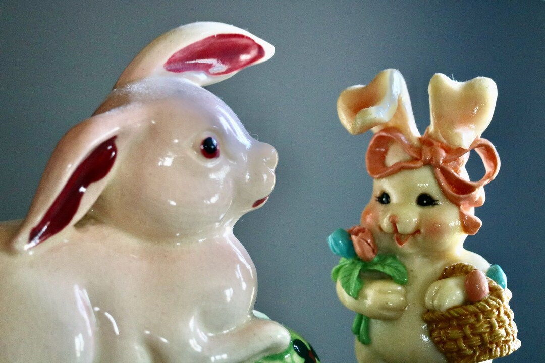 Vintage Bunny Figurines, Cute Spring Decor, Pink Porcelain Rabbit With ...