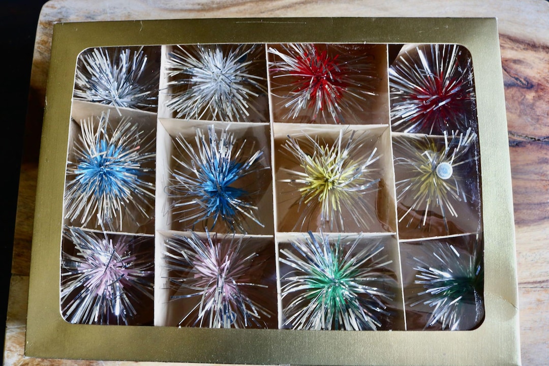 Silver Tinsel Atomic Starburst Ornaments With Multi-color Centers ...