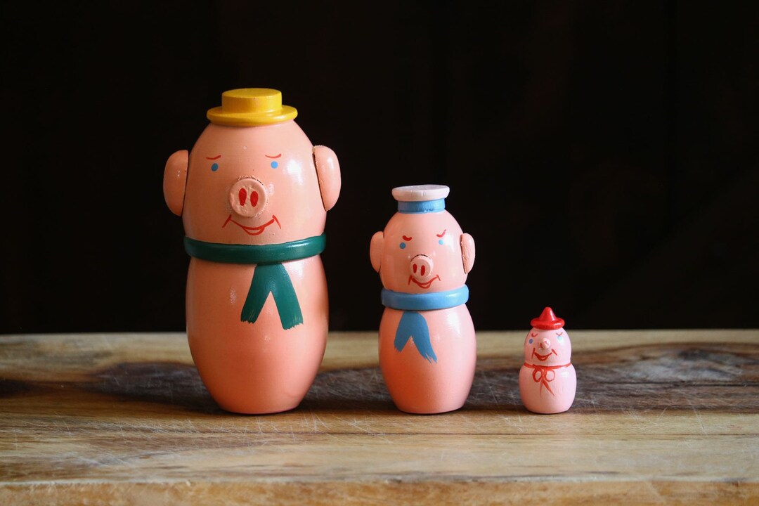 Vintage Pig Nesting Dolls, Cute Wood Toys, 3 Wooden Pig Figurines, Made ...