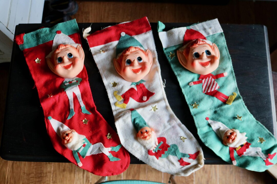 Rubber Face Elf Stocking, Vintage Christmas Decor, CHOOSE Red, White or ...