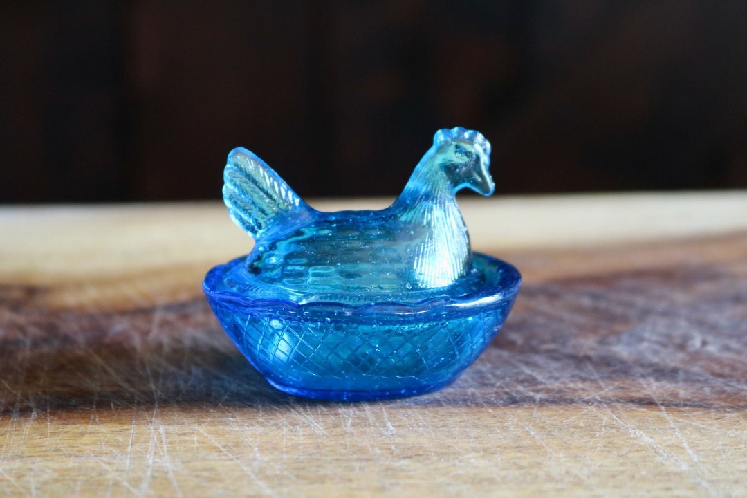 Small Vintage Blue Glass Hen on Nest Dish, Salt Cellar, Small Trinket ...