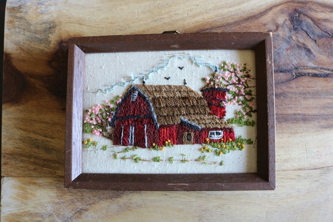 Vintage Framed Embroidered Barn Picture, Rustic Country Decor, Old Red ...