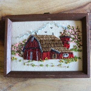 Vintage Framed Embroidered Barn Picture, Rustic Country Decor, Old Red ...